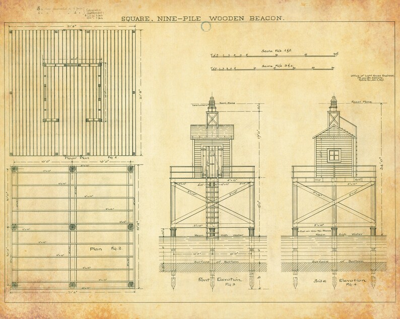 Mobile Ship Channel Beacon Blueprint - Lighthouse Print, Maritime ...
