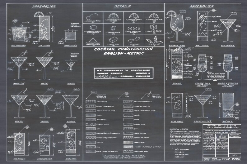 Cocktail Blueprint Art Print – Mixed Drinks Construction Chart - Etsy