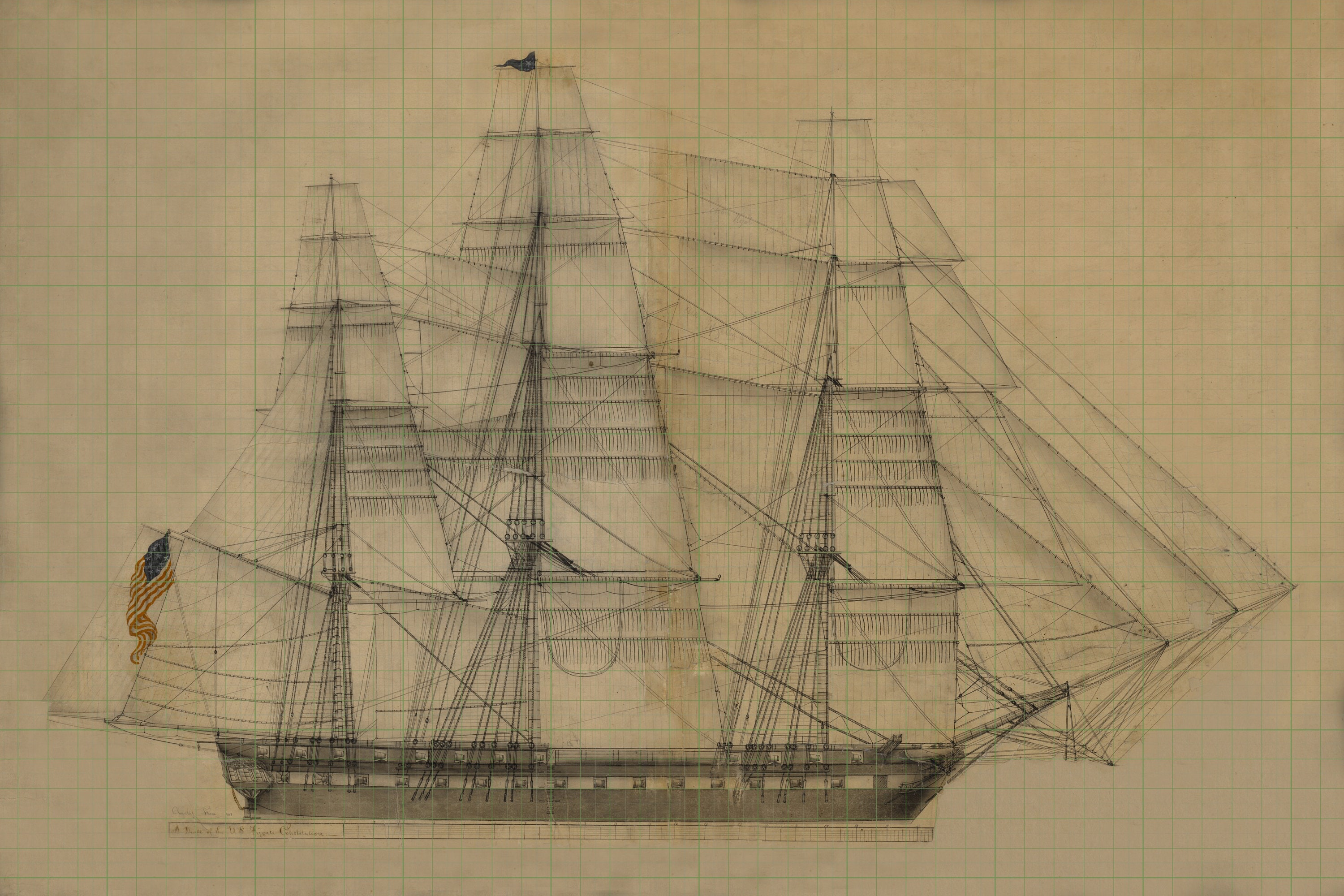 USS Constitution Frigate Drawing Ship Blueprint, Ship Drawing, US ...