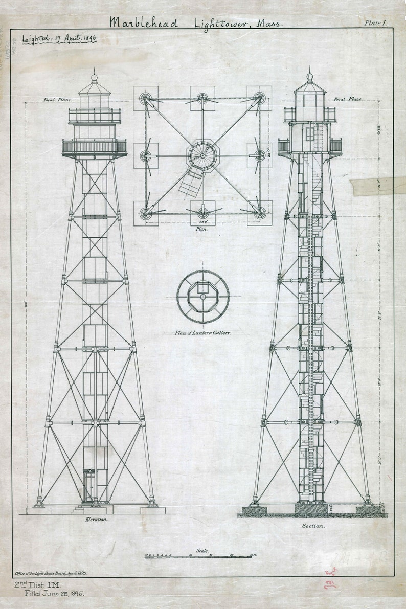 Marblehead Lighthouse Blueprint Lighthouse Print Nautical - Etsy