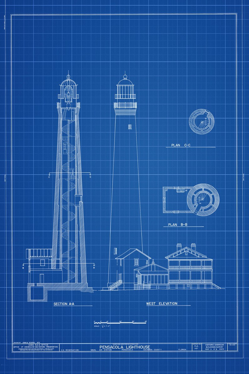 Pensacola Light Lighthouse Blueprint Lighthouse Print, Maritime Poster ...