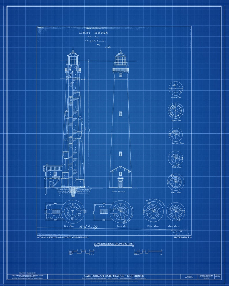 Cape Lookout Lighthouse Blueprint Print – North Carolina Nautical Art ...