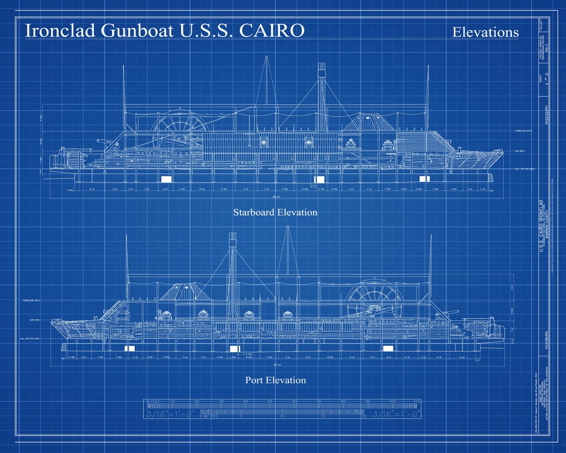 USS Cairo Ironclad Gunboat Blueprint Ship Blueprint, Ship Drawing, Boat ...