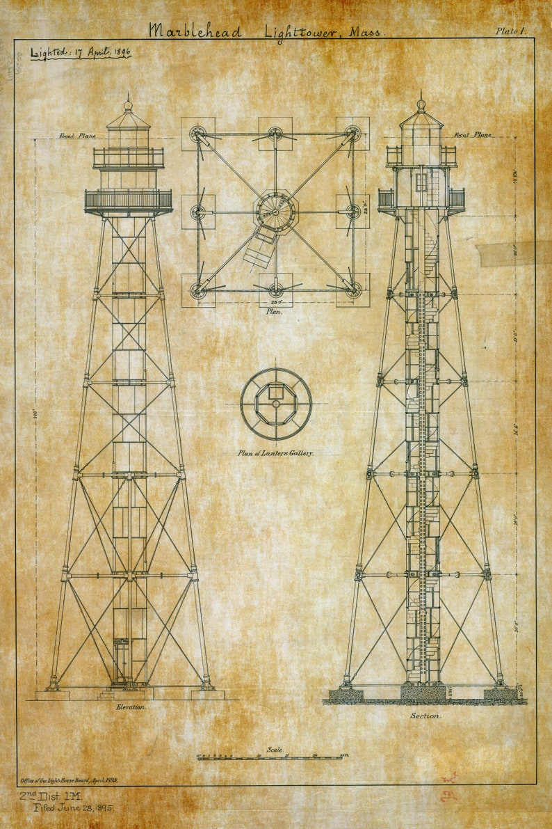 Marblehead Lighthouse Blueprint Print – Nautical Massachusetts Poster ...