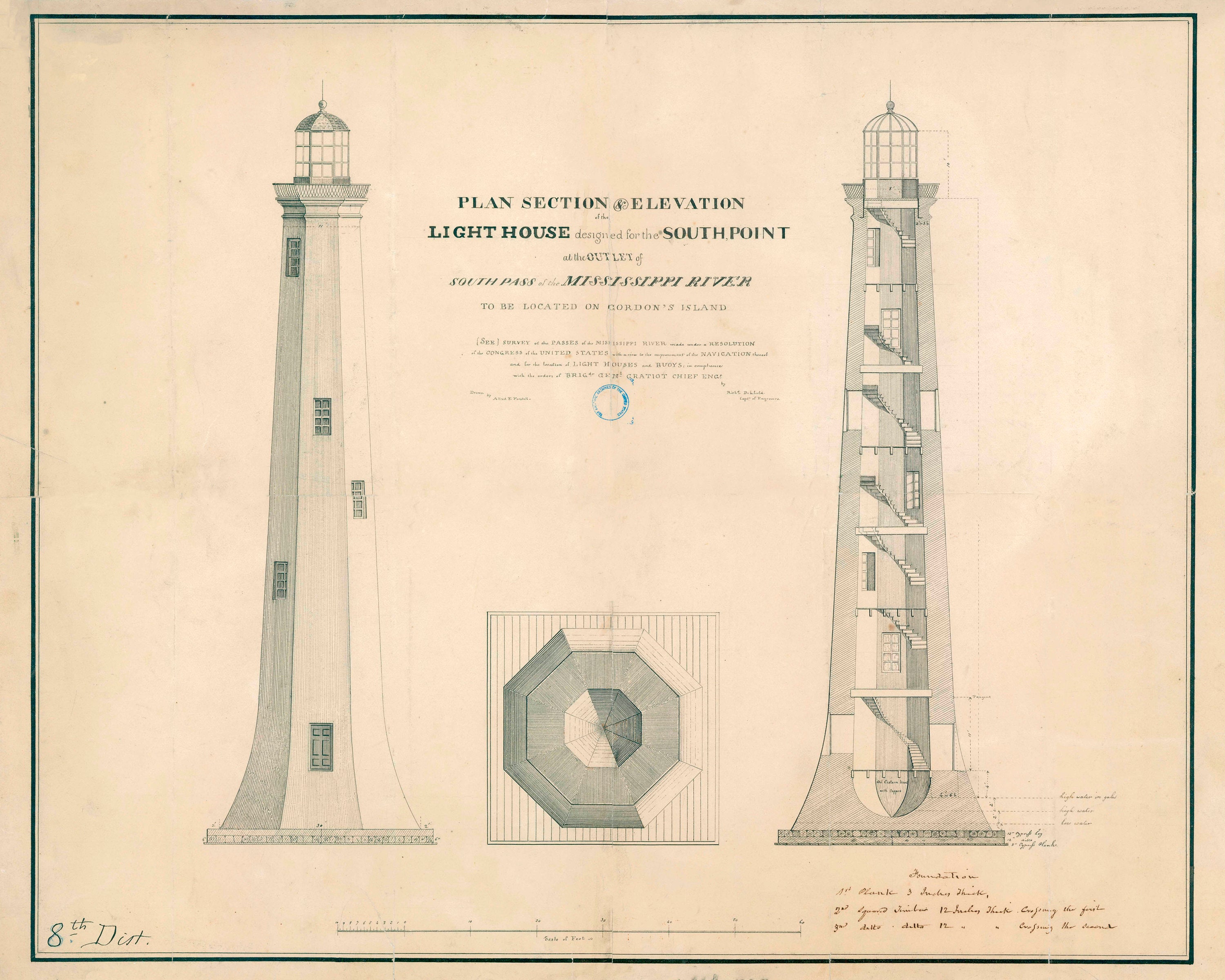 South Pass Lighthouse Section and Elevation Drawing - Gordon's Island ...