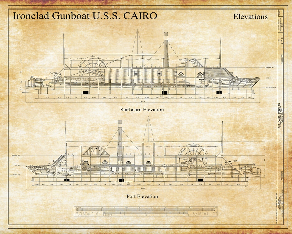 USS Cairo Ironclad Gunboat Blueprint – Restored Civil War Ship Poster ...