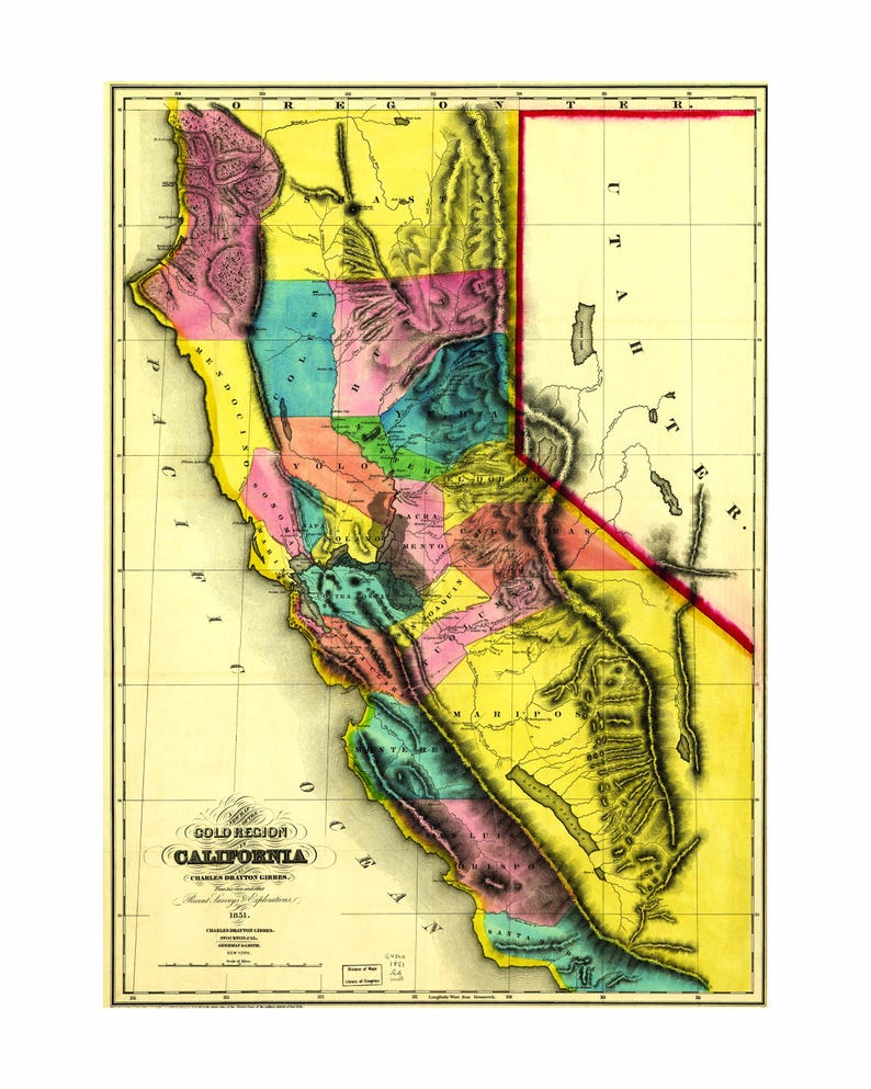 1851 Gold Region Map of California Early Gold Rush Discovery, Western ...