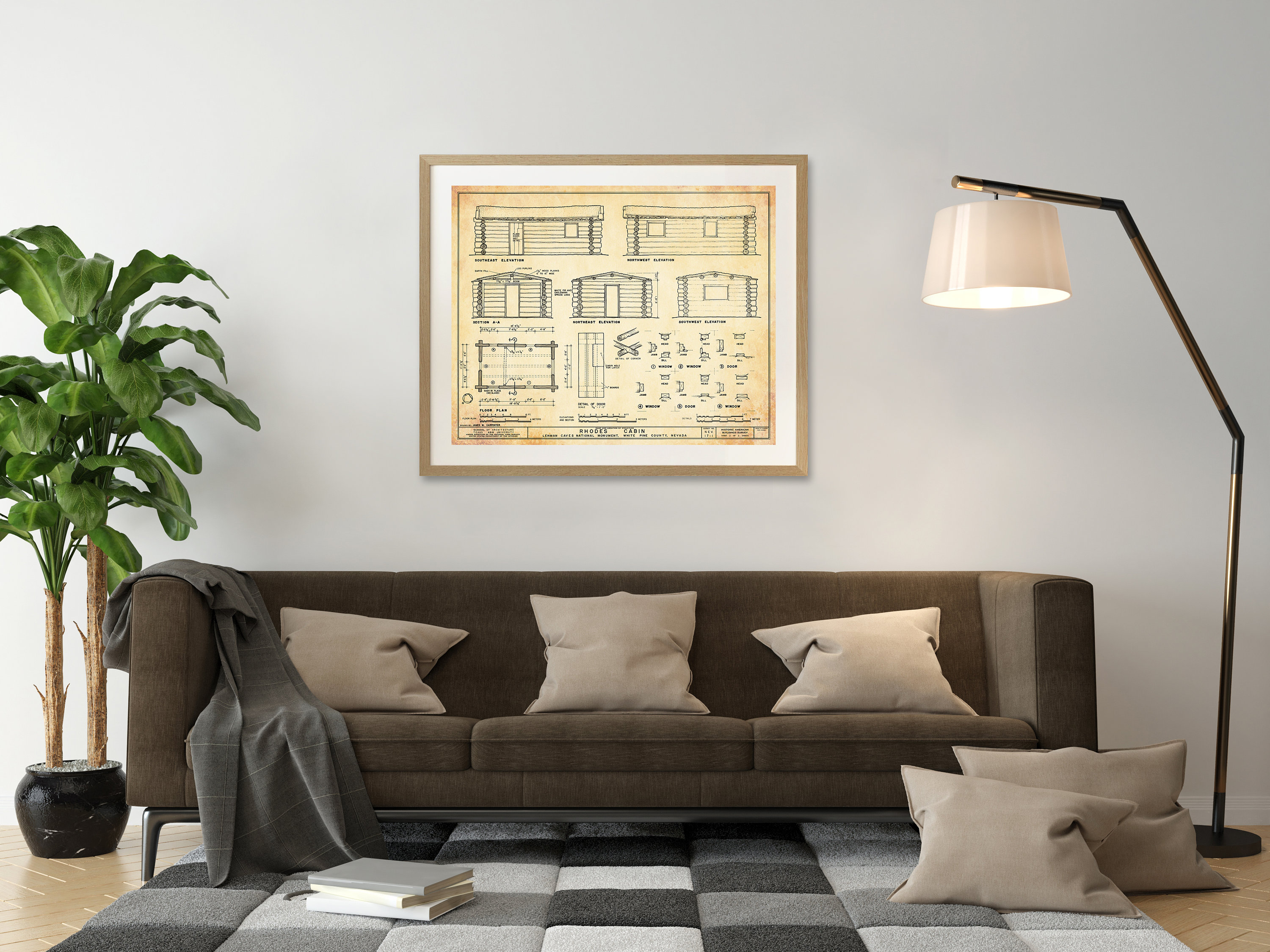 Rhodes Cabin Blueprint Drawing - Cabin Poster, Log Cabin Drawing, Cabin ...