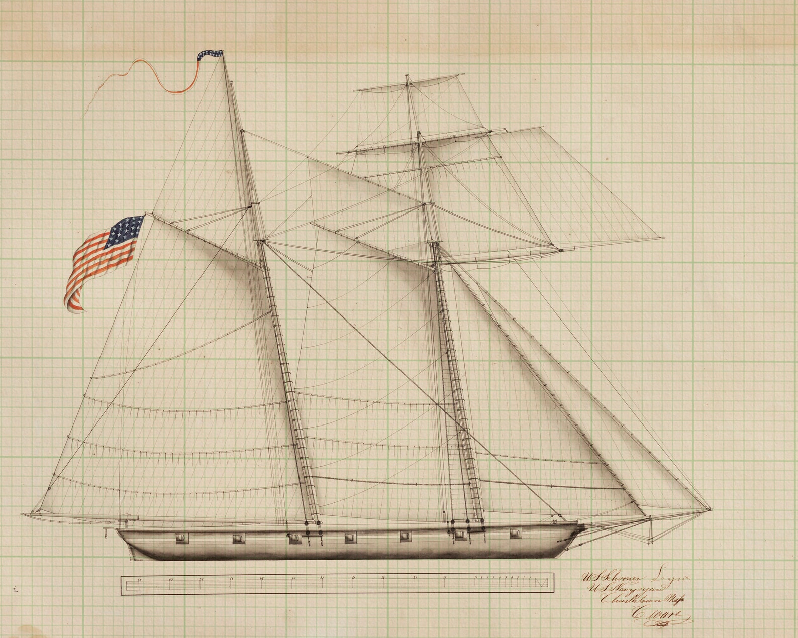 US Schooner Lynx Drawing Blueprint - Ship Blueprint, Ship Drawing ...