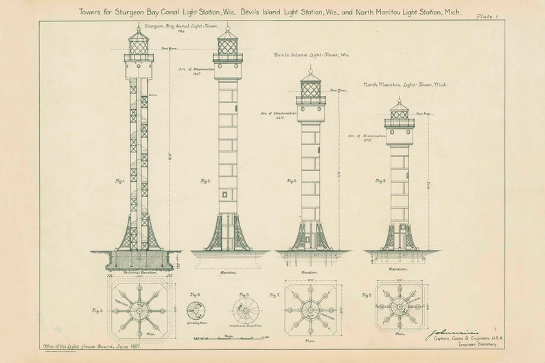 Wisconsin and Michigan Lighthouse Towers Drawings - Lighthouse ...