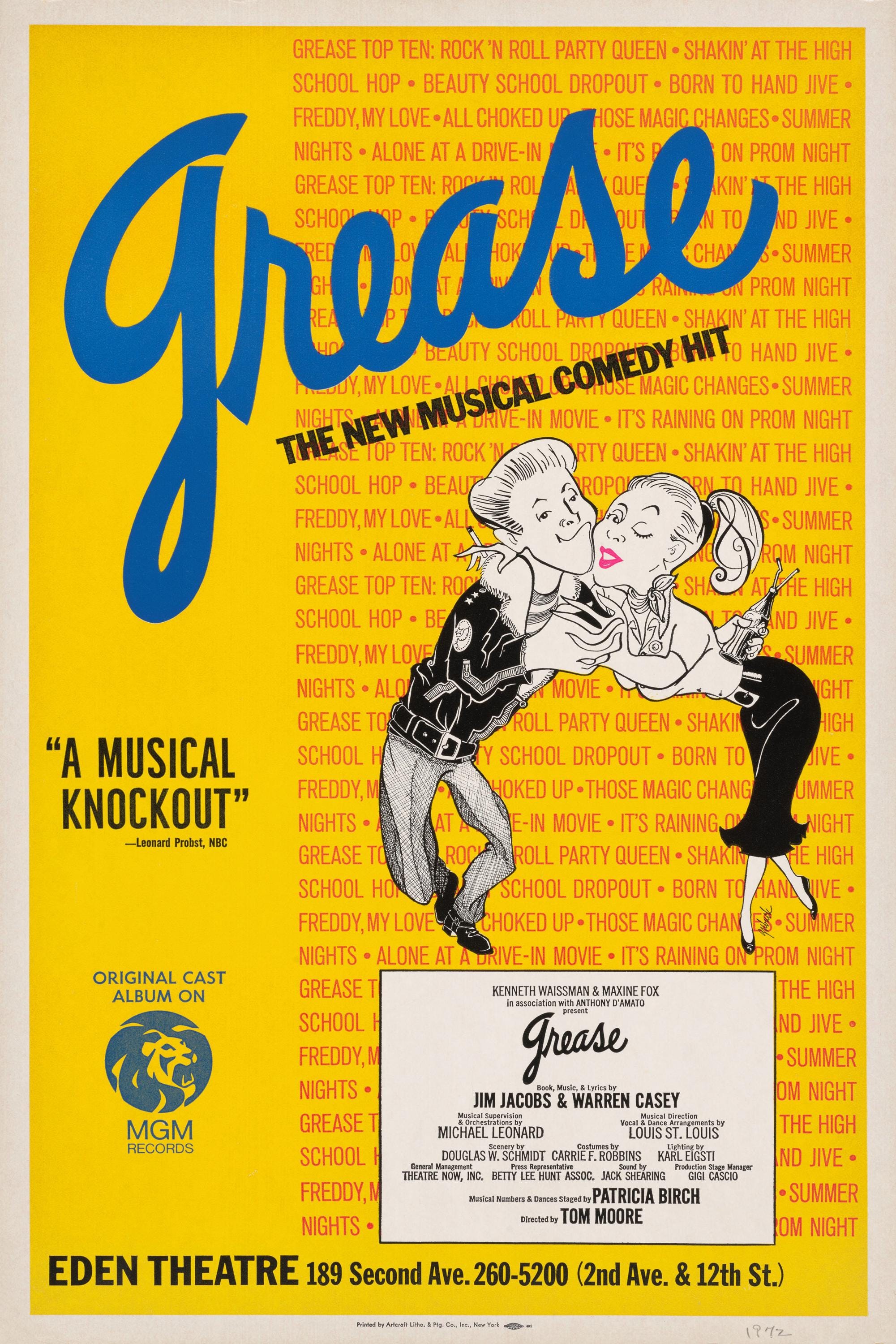 Grease Musical Poster 1972 - Original Broadway Show Art, Jim Jacobs ...