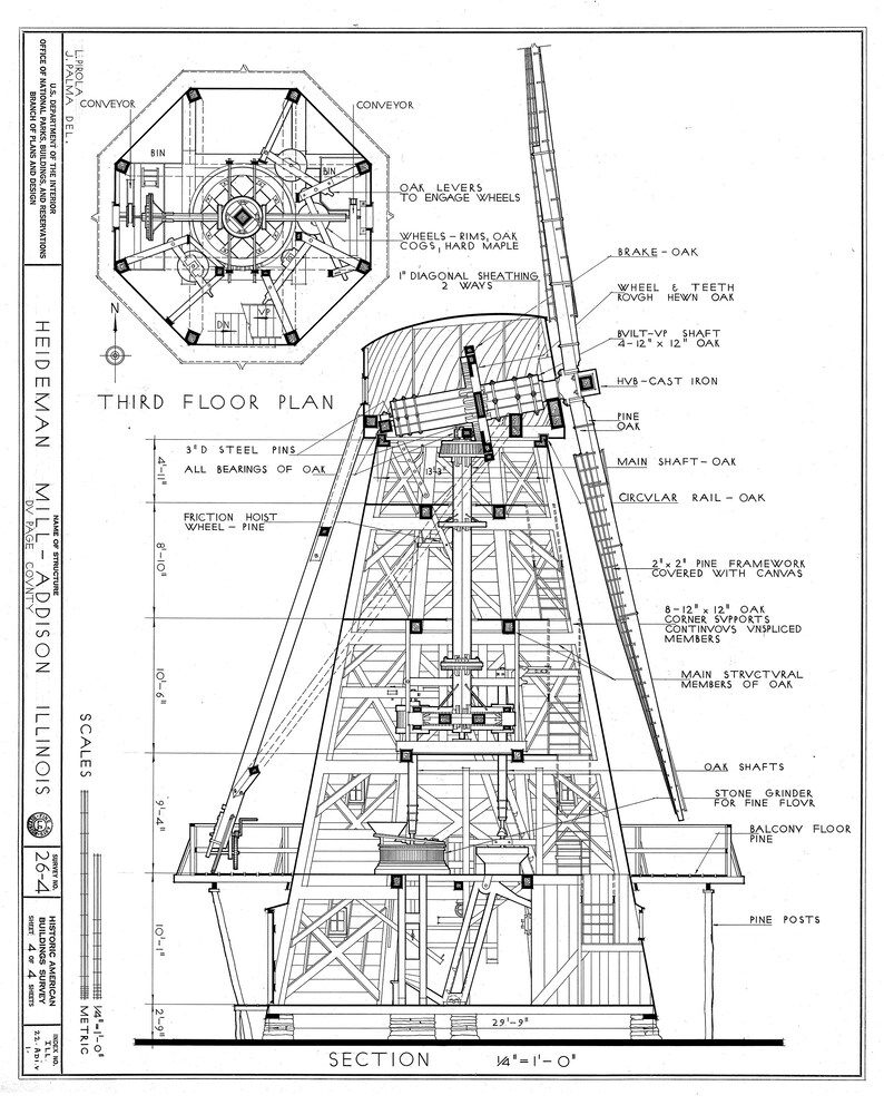 Heideman Mill Cross Section Drawing Mill Poster Windmill | Etsy