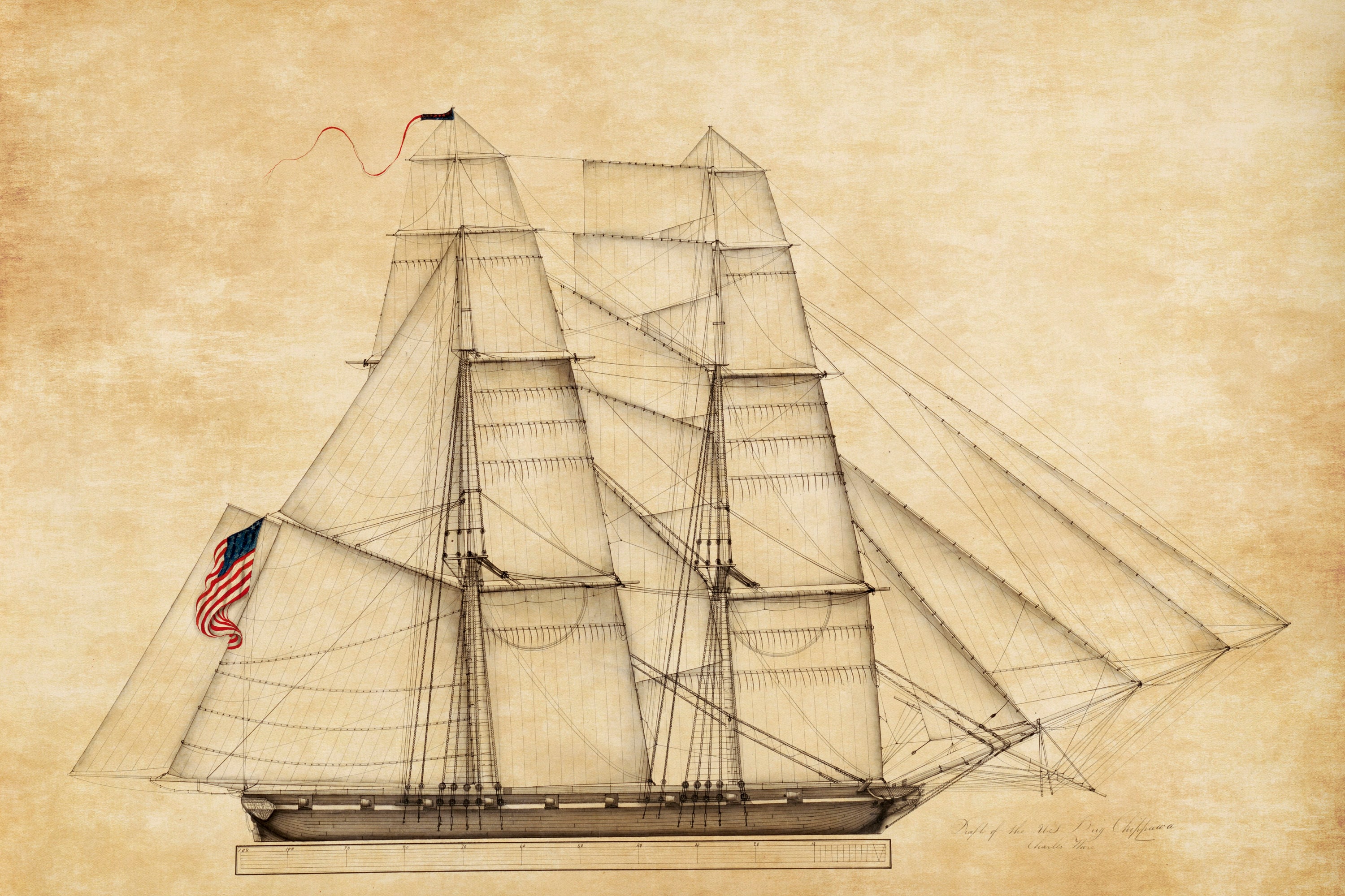 USS Brig Chippewa Drawing Blueprint - Ship Blueprint, Ship Drawing ...