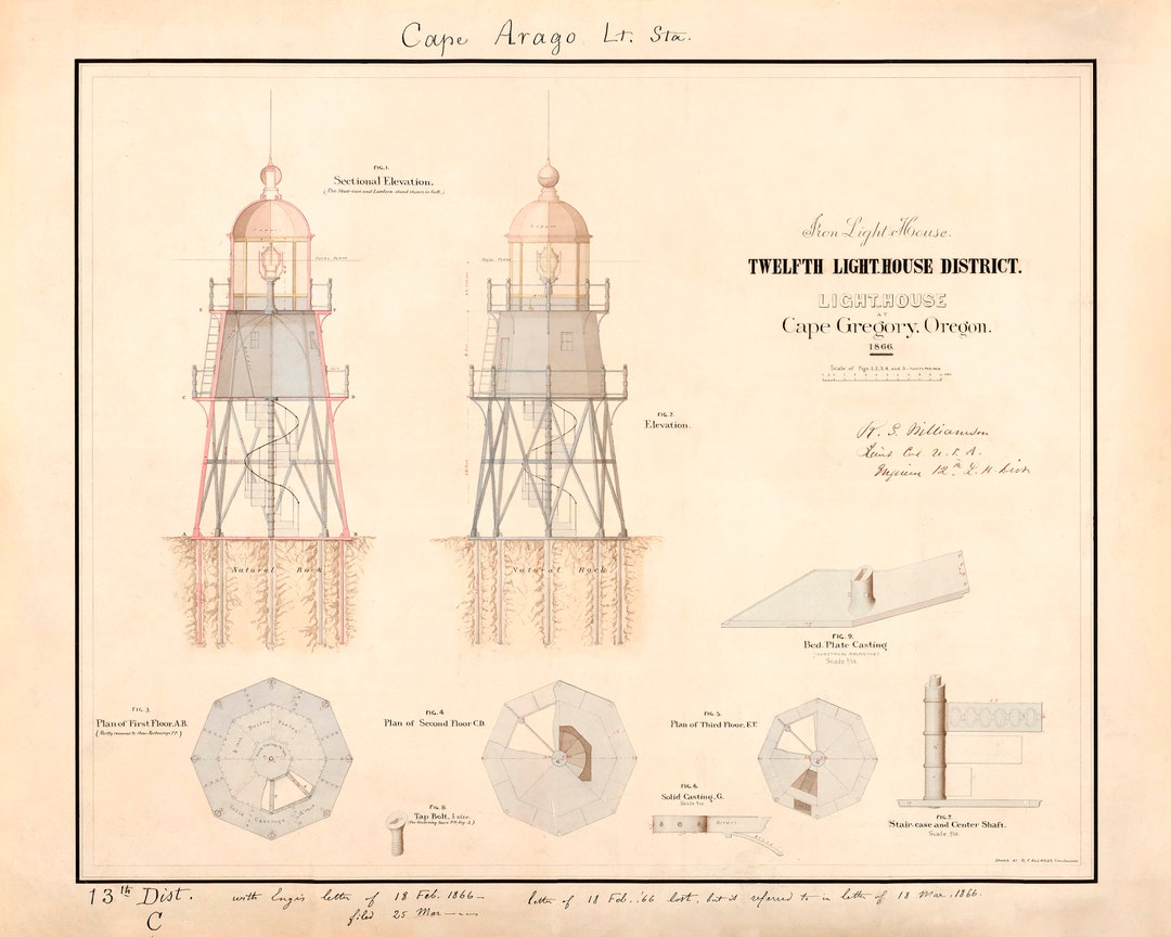 Cape Arago Lighthouse Blueprint – Oregon Coast Elevation Print - Etsy