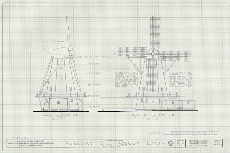 Heideman Mill Blueprint Drawing - Mill Poster, Windmill Drawing, Cabin ...