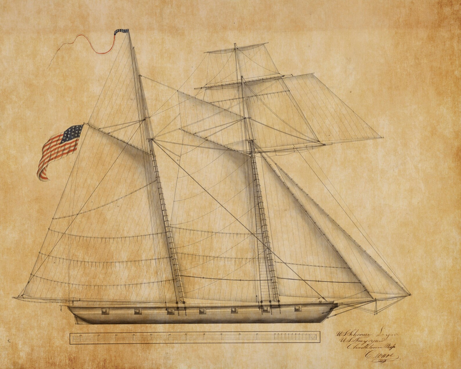 US Schooner Lynx Drawing Blueprint - Ship Blueprint, Ship Drawing ...