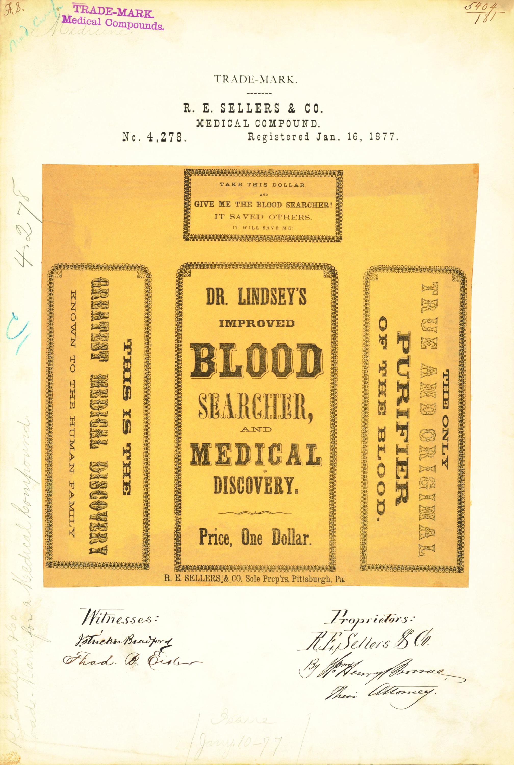 Dr. Lindsey’s Blood Searcher Trademark 1877 Print - Vintage Medicine ...