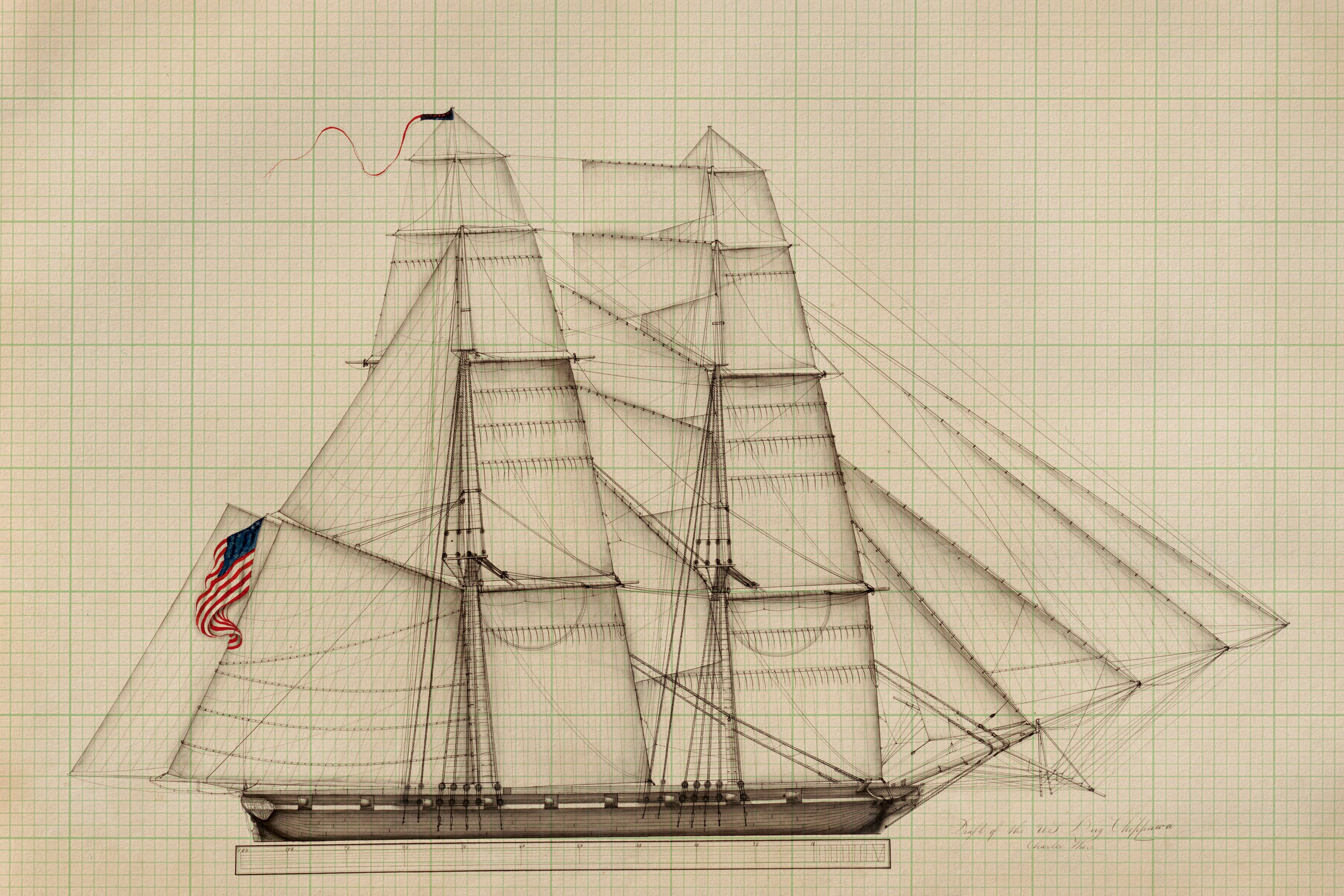 USS Brig Chippewa Drawing Blueprint - Ship Blueprint, Ship Drawing ...