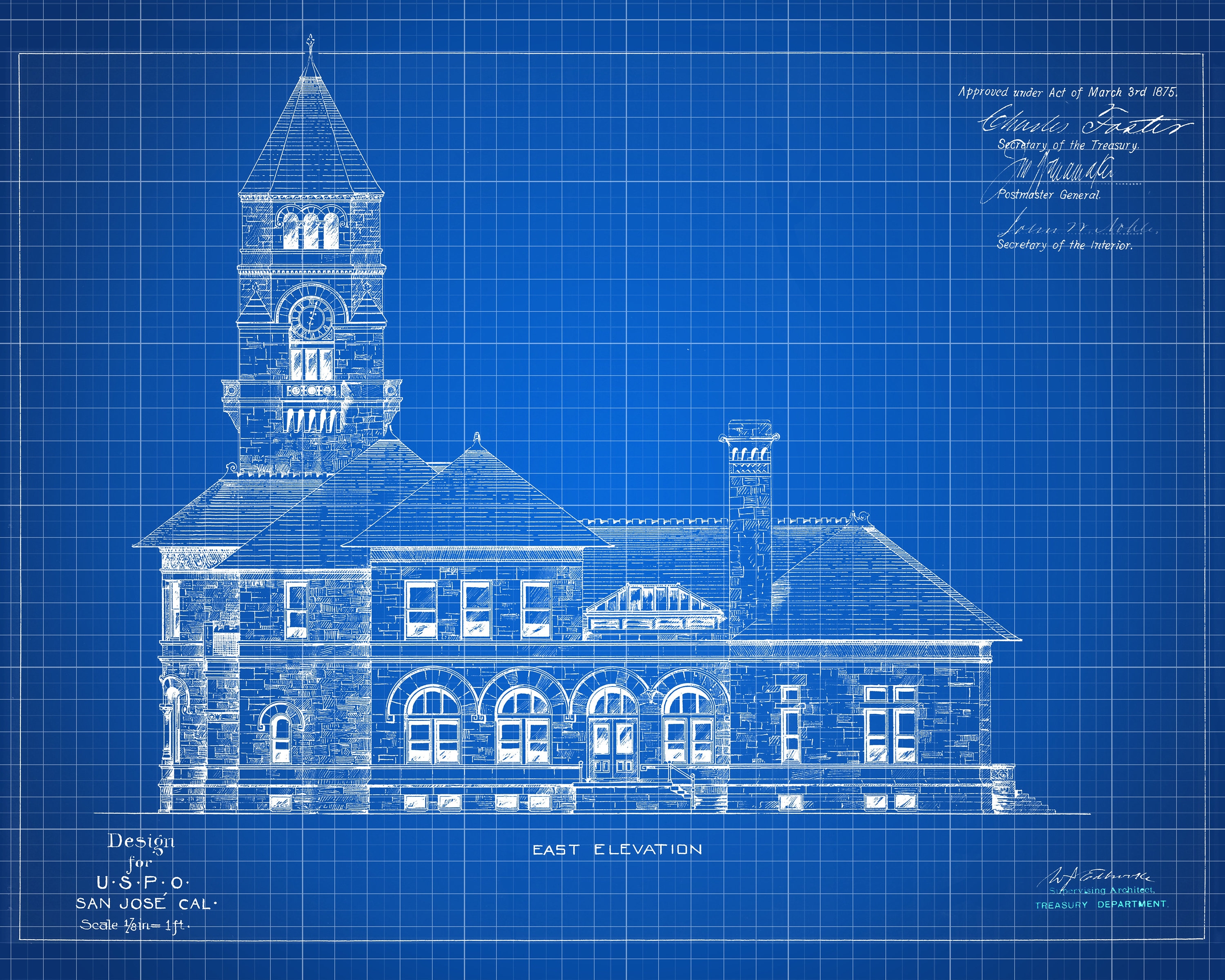 San Jose California Post Office Elevation Drawing Blueprint - Old Post ...