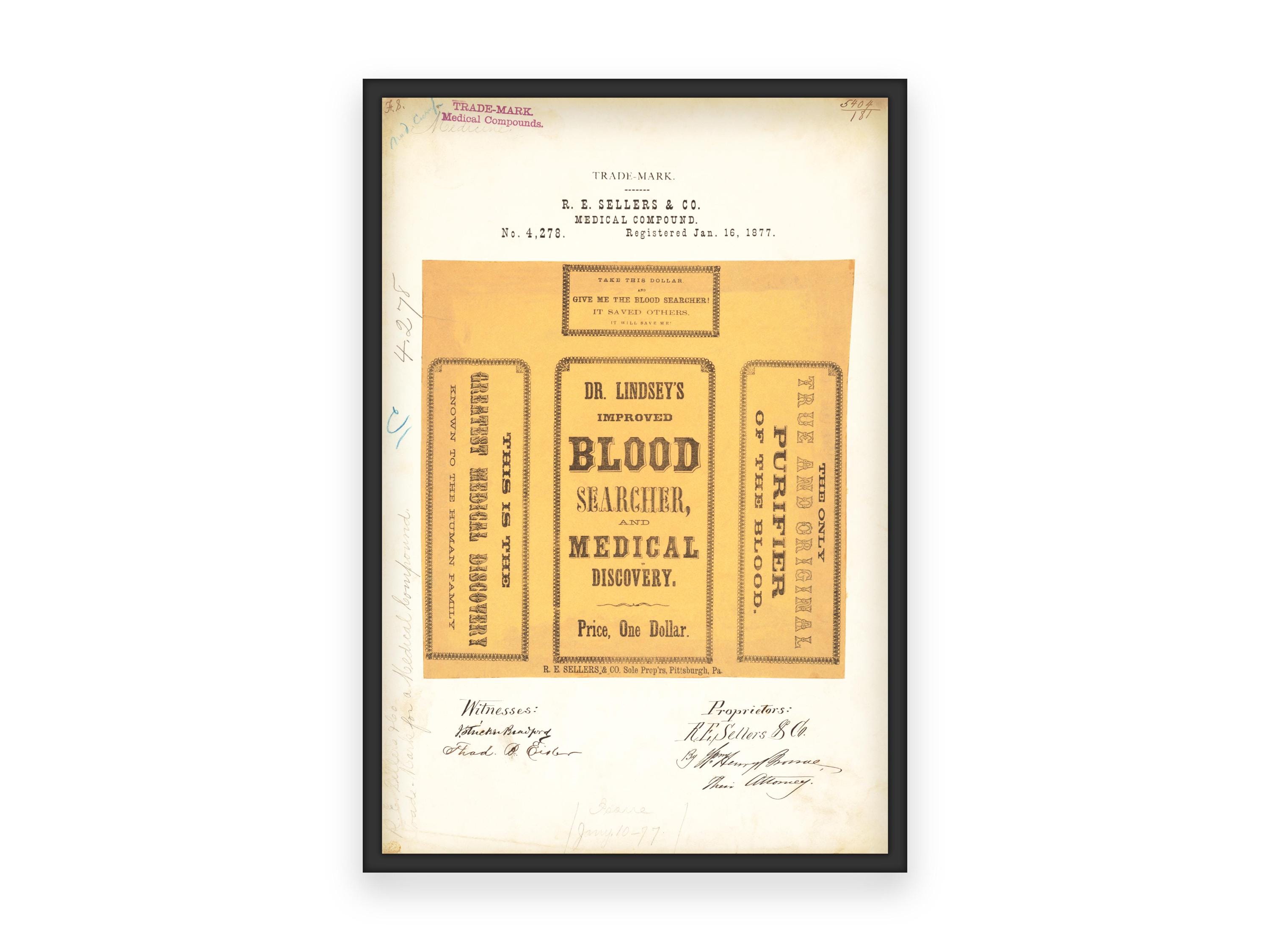 Dr. Lindsey’s Blood Searcher Trademark 1877 Print - Vintage Medicine ...