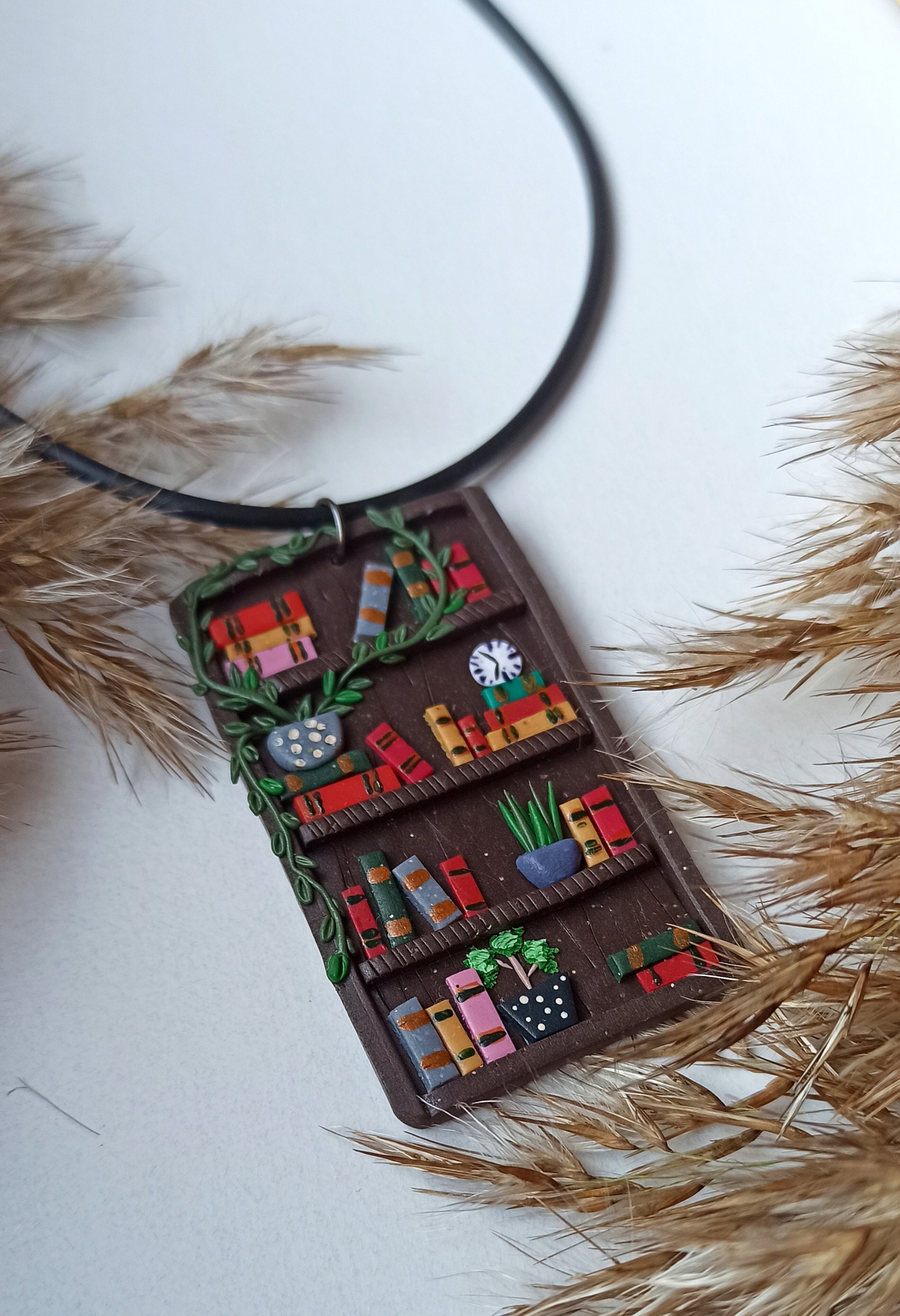 Handmade Polymer Clay Bookshelf Necklace: Book Lover Gift, Personalised ...