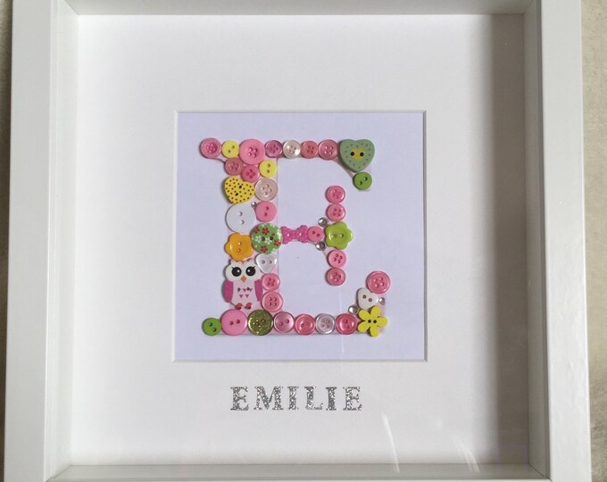 Personalised Button Art Letter Design Box Frame With Name Girl or Boy ...