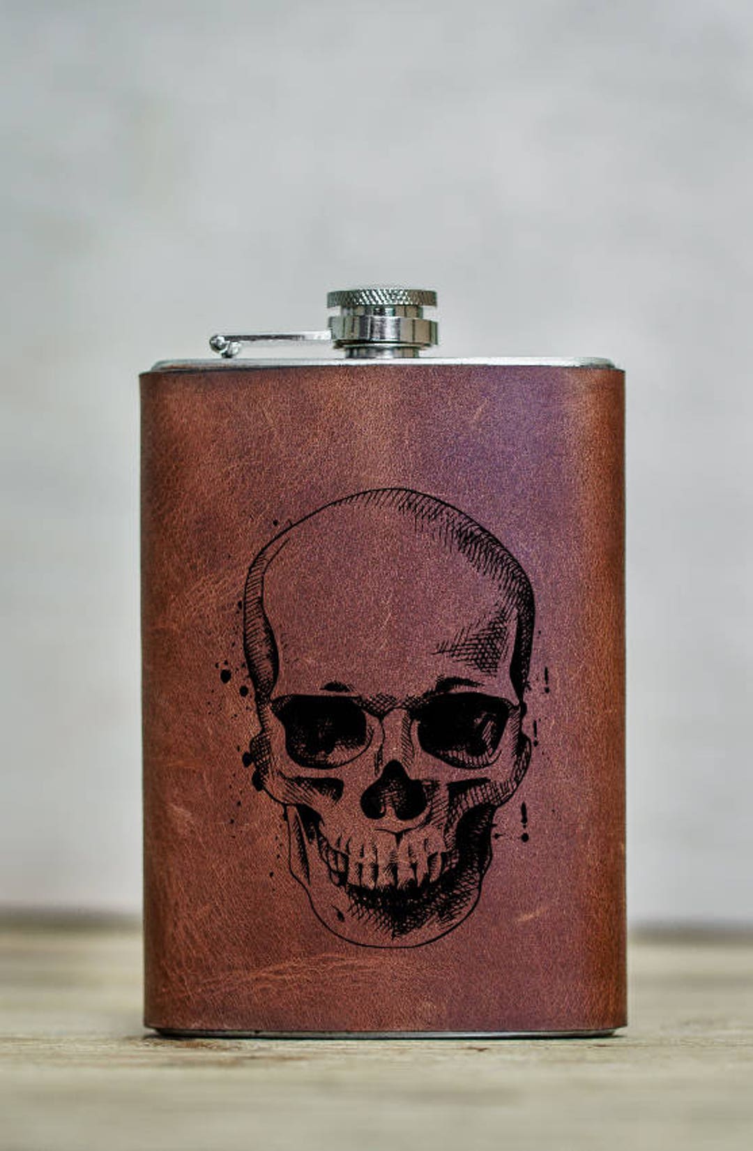 Skull Bottle 8oz Skull Flask Leather Wrapped Flask Groomsman Skull Gift ...
