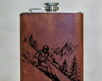 Leather Ski Flask Man Personalized Initials Skiing Fan's Brown Leather ...