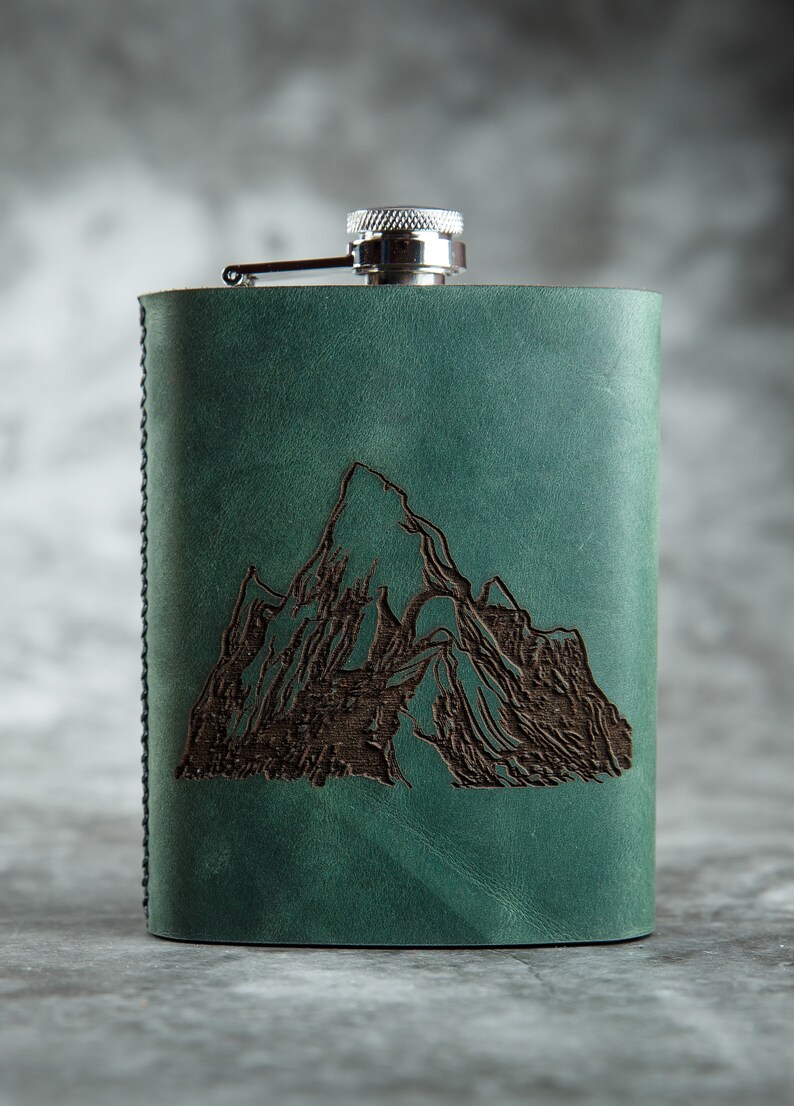 Mountains 8oz Nature Flask Leather Wrapped Green Flask Groomsman Gift ...