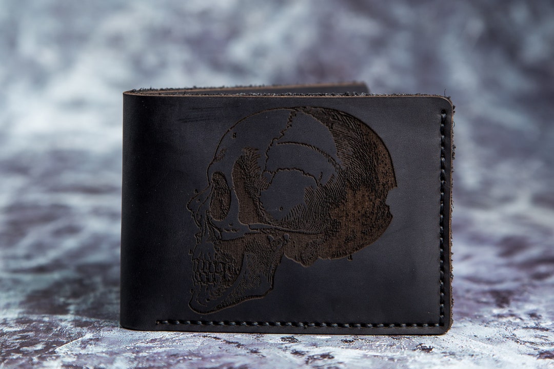 Skull Leather Wallet Mens Wallet Skull Billfold Wallet Engraved ...