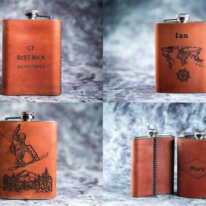 Leather Ski Flask Man Personalized Initials Skiing Fan's Brown Leather ...
