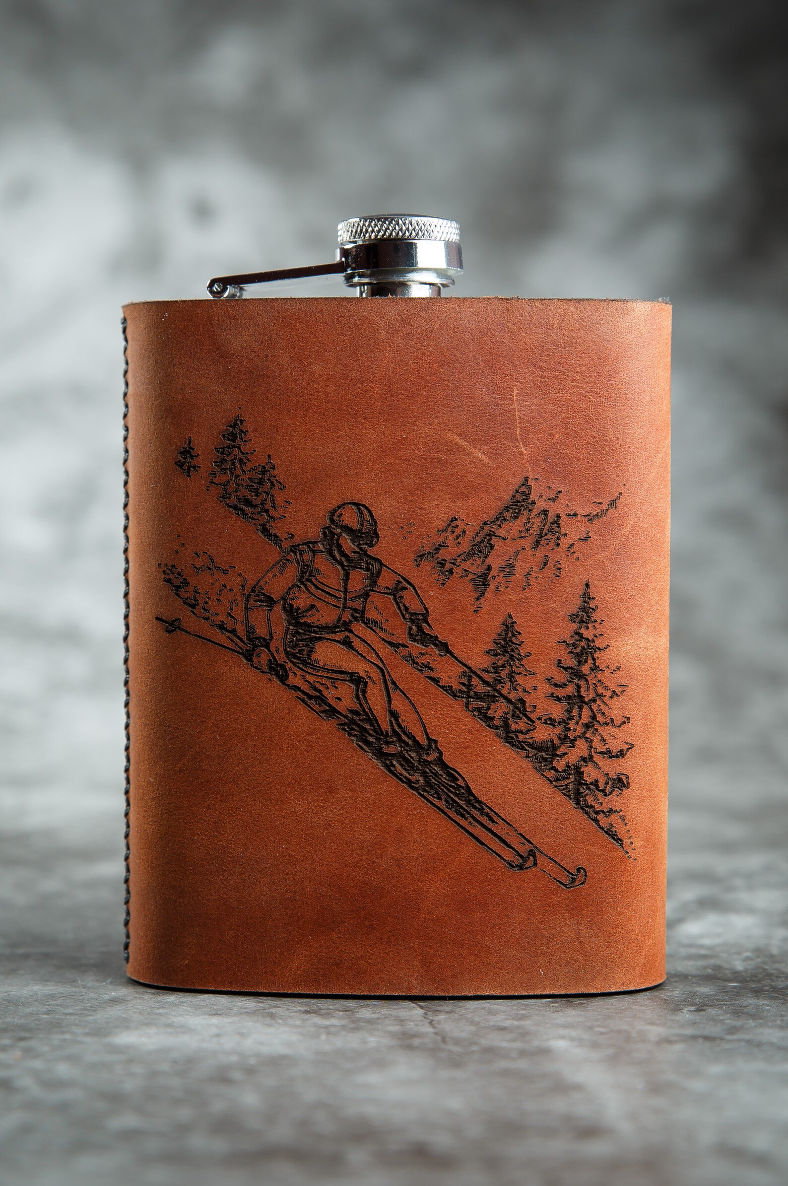 Leather Ski Flask Man Personalized Initials Skiing Fan's Brown Leather ...