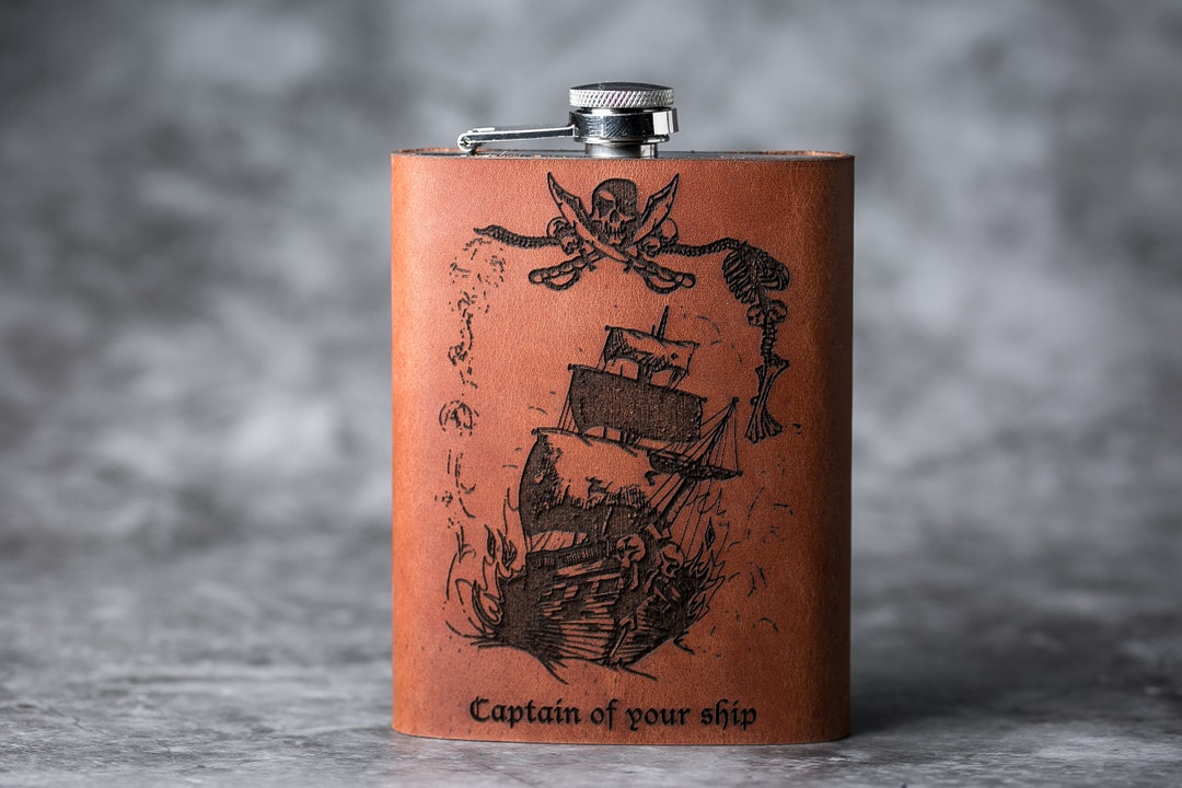 Pirate Flask 8oz Nautical Flask Leather Wrapped Flask Pirate Ship ...