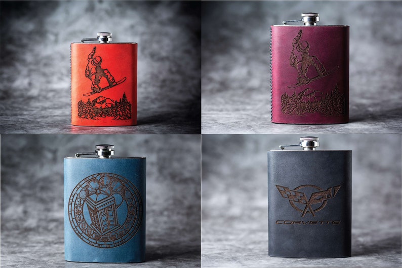 Leather Ski Flask Man Personalized Initials Skiing Fan's Brown Leather ...