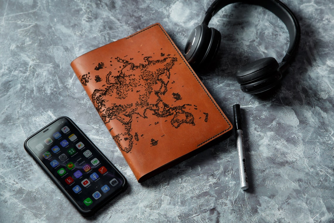 World Map Leather Notebook Cover Leather notebook cover | Etsy