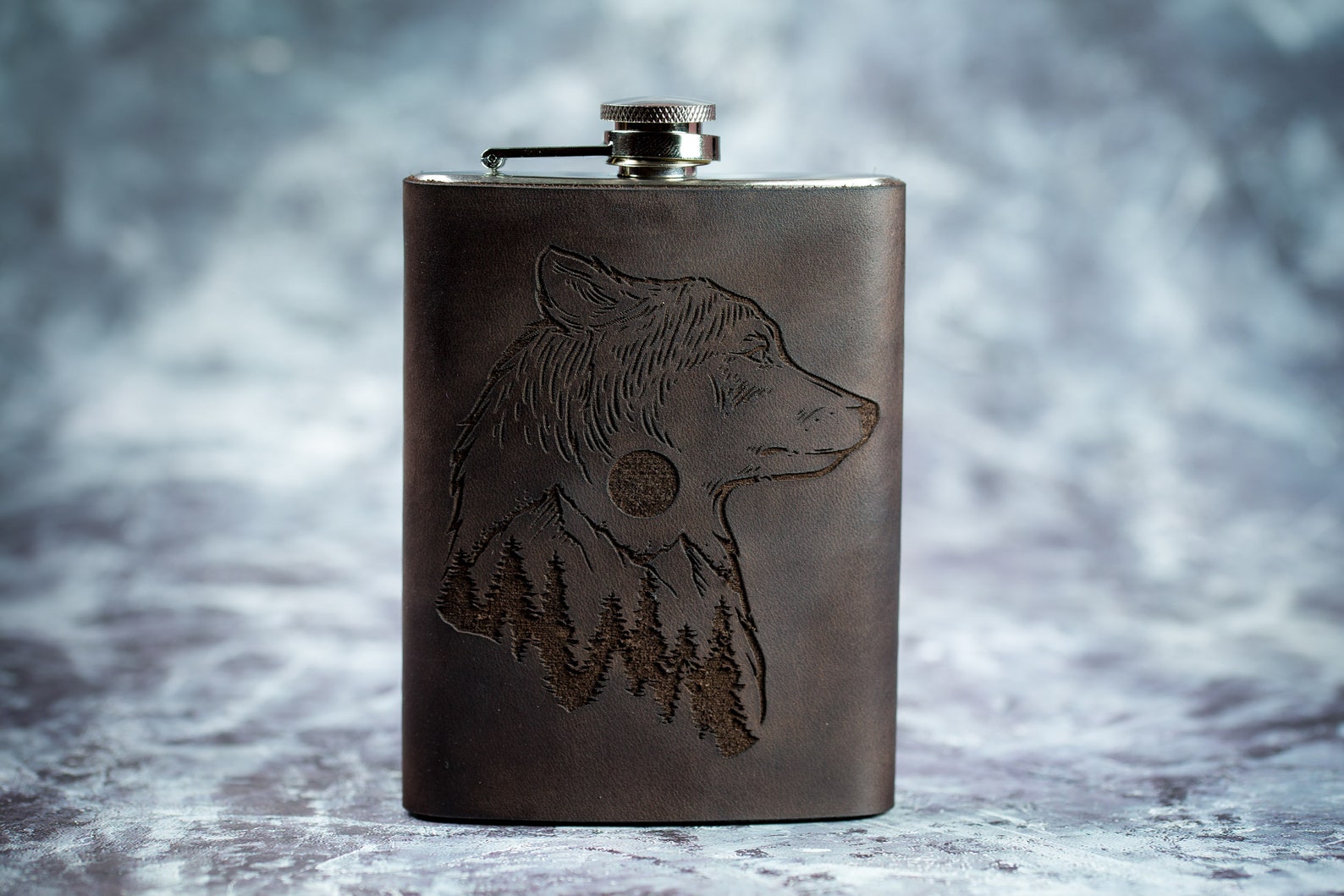 Wolf 8oz Forest Flask Leather Wrapped Flask Groomsman - Etsy