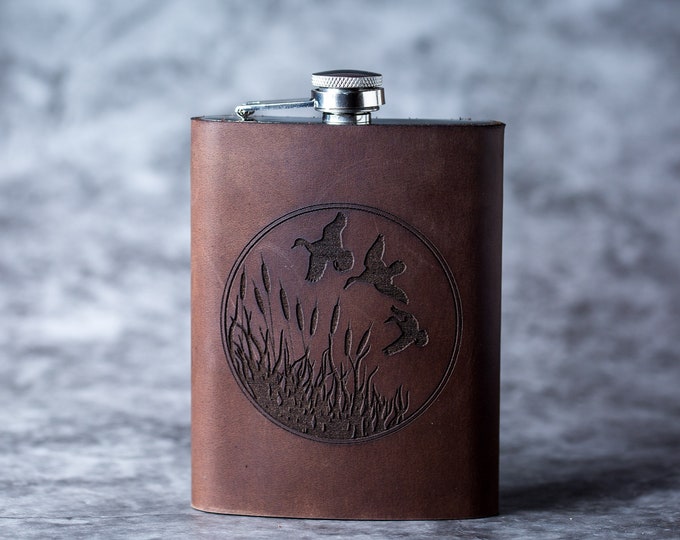 Duck Hunter Flask Leather Wrapped Hunter Flask Groomsman Gift ...