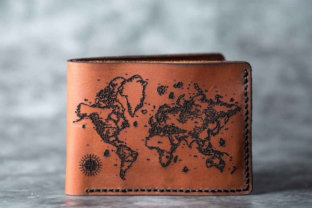 Travel World Map Mens Leather Wallet Bifold Wedding World Map Wallet ...