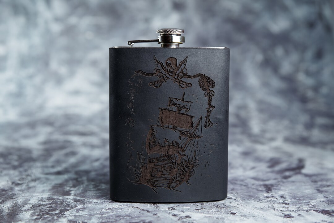 Pirate Flask 8oz Flask Leather Wrapped Flask Pirate Ship Galleon ...