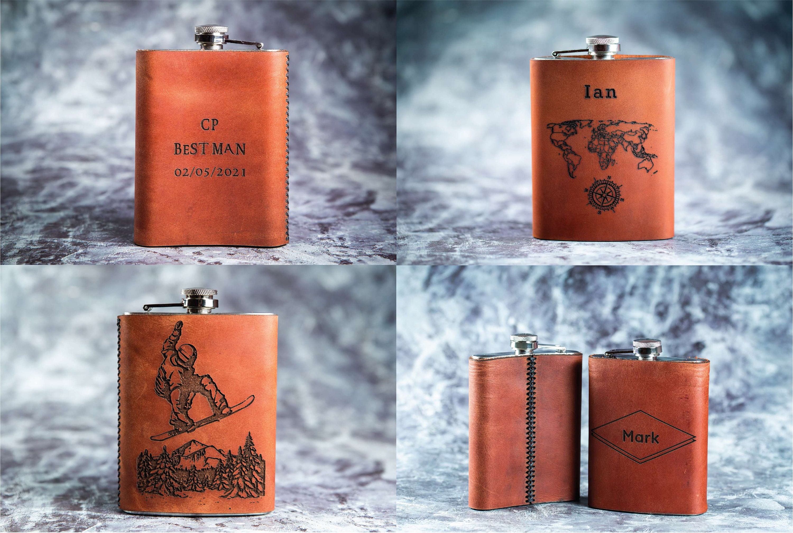 Leather Ski Flask Man Personalized Initials Skiing Fan's Brown Leather ...