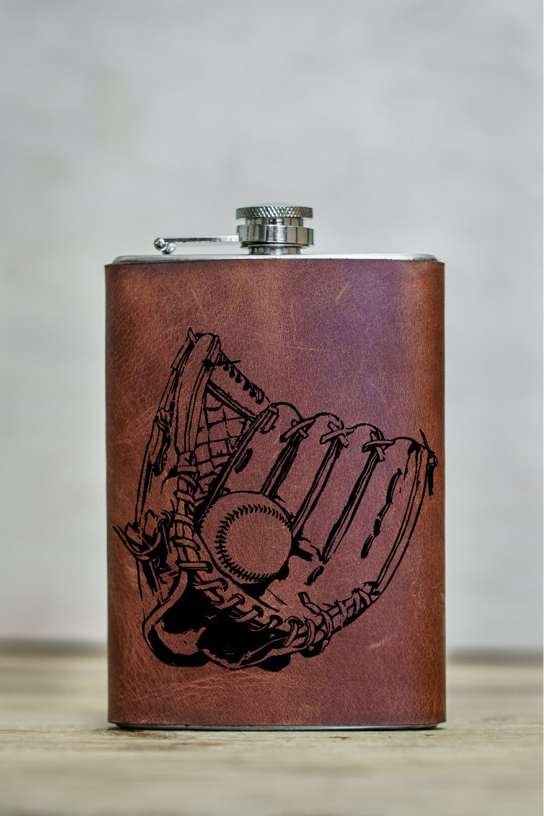 Baseball Leather Flask Man Personalized Initials Baseball Fan's Brown ...
