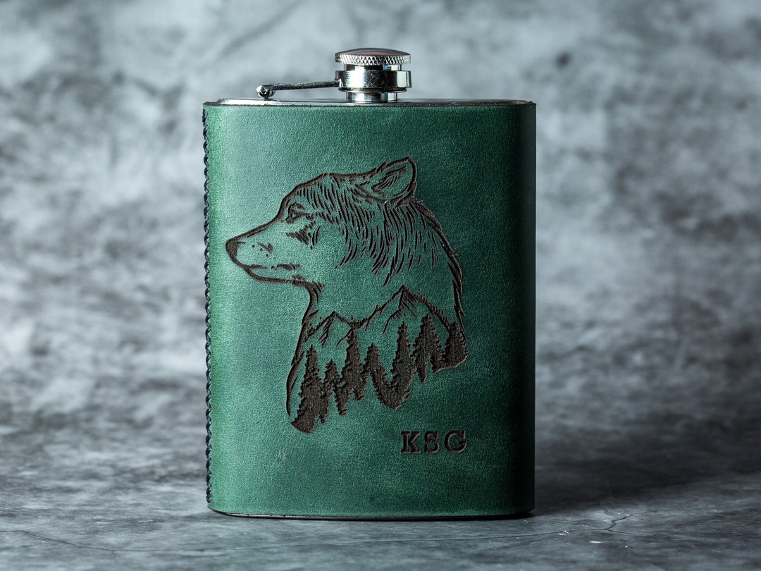 Wolf 8oz Forest Flask Leather Wrapped Flask Groomsman Gift Personalized ...