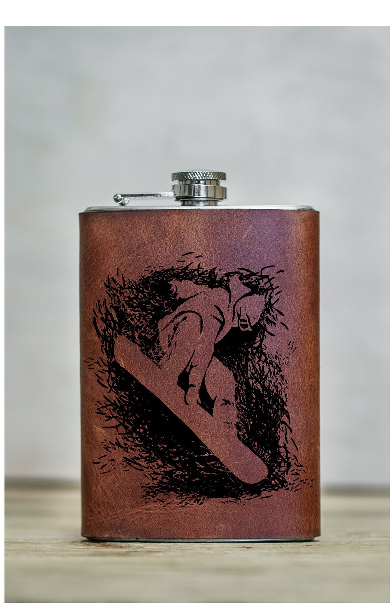 Snowboard Flask Leather Man Personalized Initials Skiing Fan's Brown ...