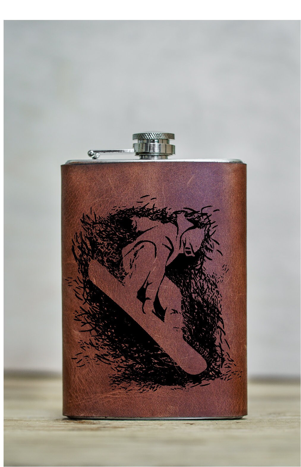 Snowboard Flask Leather Man Personalized Initials Skiing Fan's Brown ...