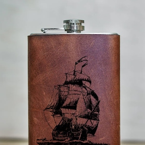 Pirate Flask 8oz Pirate Ship Flask Leather Wrapped Flask Groomsman Gift ...
