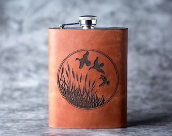 Duck Hunter Flask Leather Wrapped Hunter Flask Groomsman Gift ...