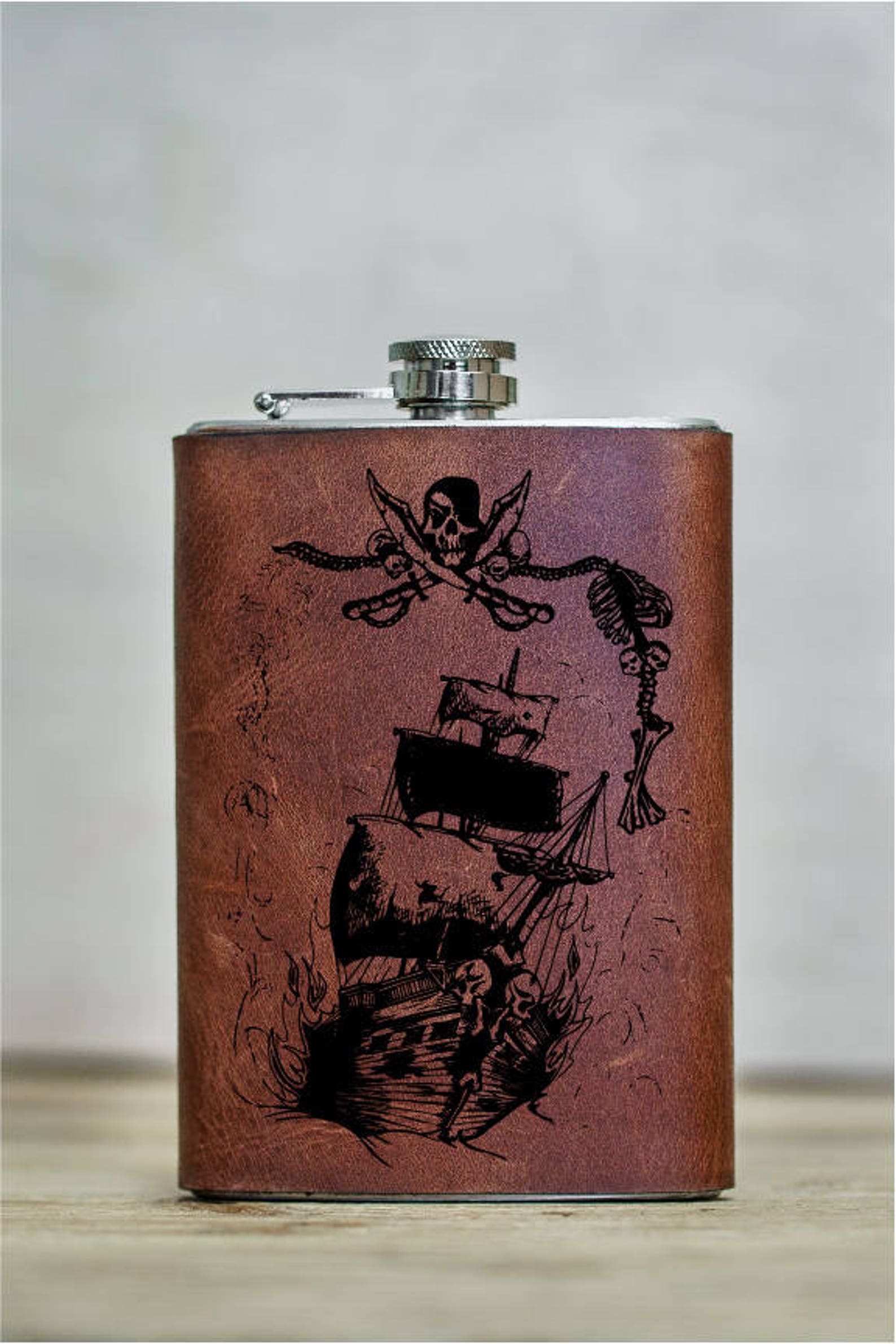 Pirate Flask 8oz Pirate Ship Flask Leather Wrapped Flask - Etsy