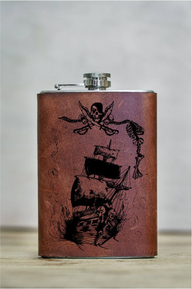 Pirate Flask 8oz Pirate Ship Flask Leather Wrapped Flask - Etsy