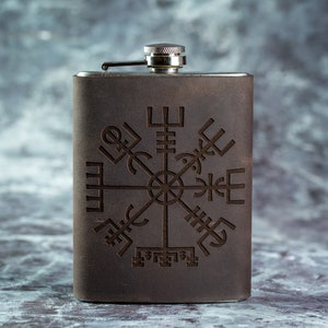 Vegvisir Futhark Runes Vikings Flask Leather Wrapped Flask Groomsman ...