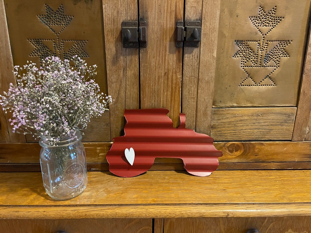 Rustic Farmhouse Red Barn Tin Tractor Sign With White Heart, Small Red ...